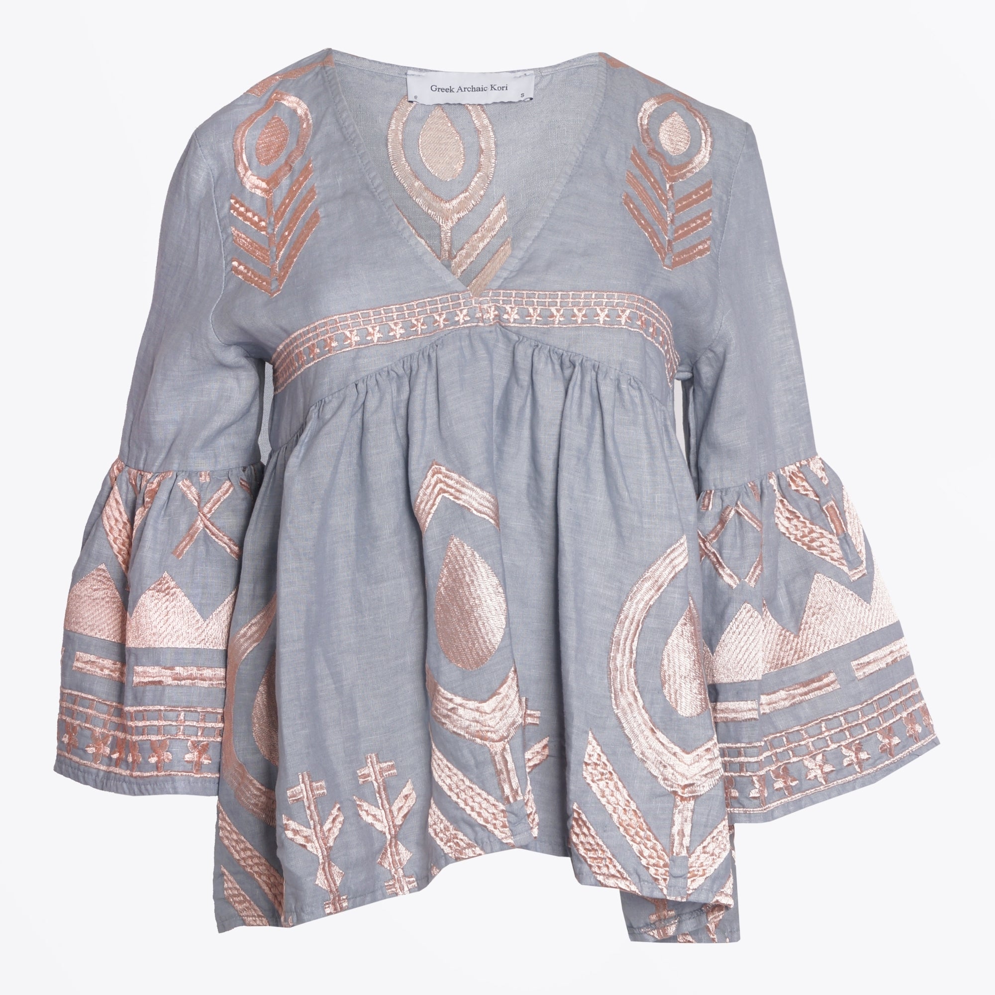Greek Archaic Kori - - Feather Bell Sleeve Top - Light Grey Pink Bronze ...